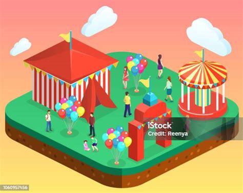 등각 투영 평면 3d 벡터 Carousels와 시 배너입니다 놀이 공원 3차원 형태에 대한 스톡 벡터 아트 및 기타 이미지 3차원 형태 Film Festival 도시