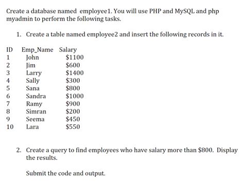 Solved Create A Database Named Employee1 You Will Use Php