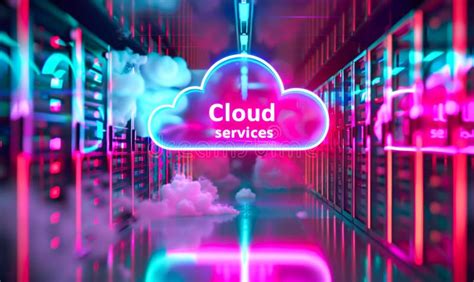 Neon Cloud Services Sign Floating Over A Server Room Filled With Data Racks Symbolizing Modern
