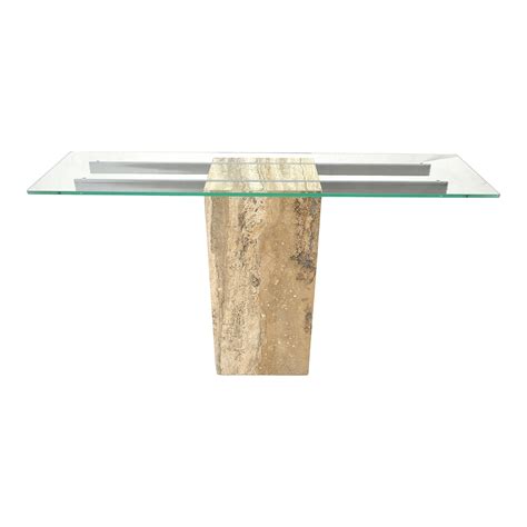 Single Travertine Pedestal Glass Top Italian Modern Sofa Console Table