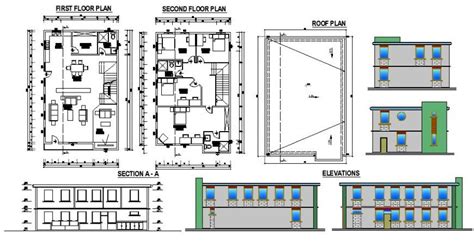 Plan Elevation And Section Of Two Story House 2d View Layout File In Dwg Format Artofit