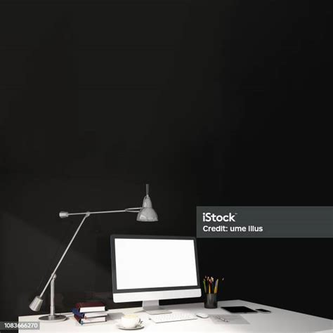 흰색 가기 책상 작업 공간 작업 배경 일 룸 구체적인 배경 3d 그림 3d 렌더링 인테리어 Destop 컴퓨터 화면으로 작업 공간을 위한 인테리어 디자인 벽에 대한 스톡