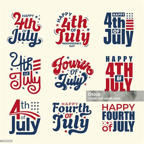 7 월 4 일 타이포그래피 디자인은 별과 미국 국기로 설정되었습니다 7 월 4 일 휴일 축하를위한 빨간색과 파란색 색상 텍스트입니다 인쇄용 미국 독립 기념일 클립 아트