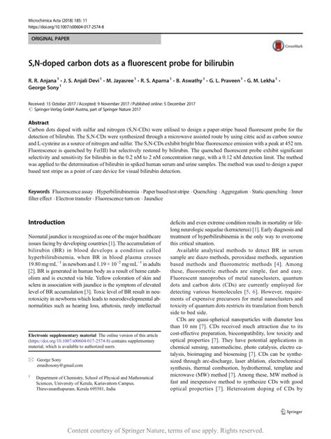 Sn Doped Carbon Dots As A Fluorescent Probe For Bilirubin Request Pdf