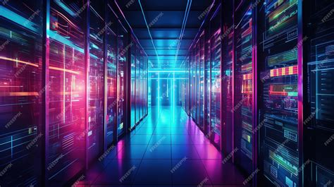 Premium Ai Image Generative Ai Data Center Modern High Technology Server Room In Neon Colors