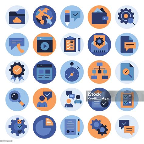 비즈니스 및 마케팅 프로그래밍 데이터 관리 인터넷 연결 소셜 네트워크 컴퓨팅 정보 파란색과 주황색 아이콘을 설정합니다 평면 벡터 그림 0명에 대한 스톡 벡터 아트 및 기타