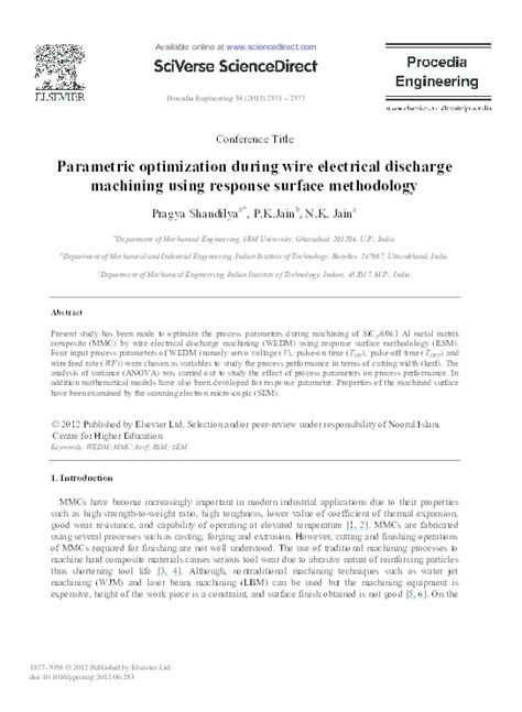Pdf Parametric Optimization During Wire Electrical Discharge