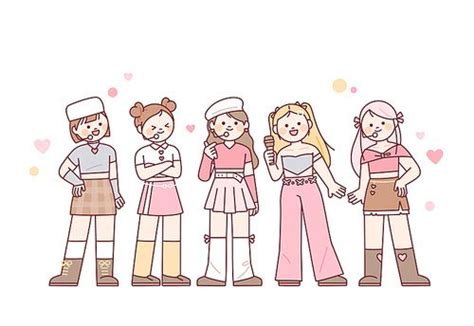 유토이미지 귀여운 여자 아이돌 그룹 멤버가 모여서있다 캐릭터 일러스트 아이돌 일러스트레이터