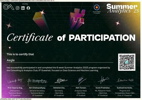 Thrilled To Have Completed The Summer Analytics 2025 Program By The Consulting And Analytics Club