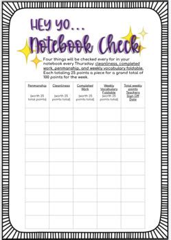 Weekly Notebook Check Sheet Rubric By Amanda The Panda TPT