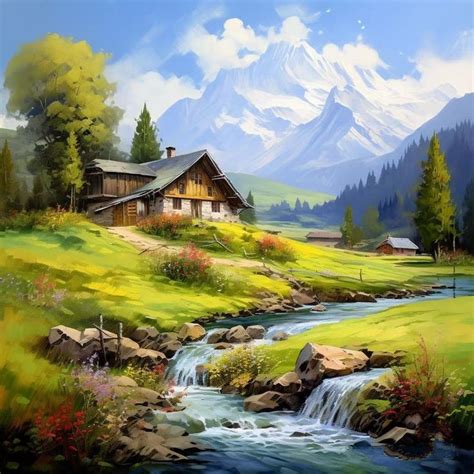 A Painting Of A Mountain Scene With A Stream Running Through The