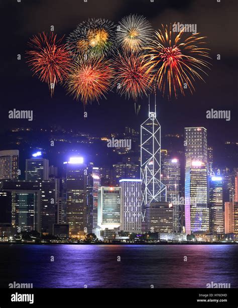 Fireworks Festival Over Hong Kong City View From Victoria Harbour