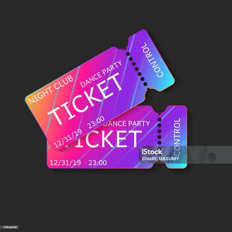 두 티켓 벡터 3d 고립 된 모의 나이트 클럽 Dj 댄스 파티 또는 음악 콘서트 검은 배경에 현대 그라데이션과 Vip 쿠폰 템플릿 3차원 형태에 대한 스톡 벡터 아트 및