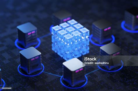 빅 데이터 센터 개념 클라우드 데이터베이스 미래의 서버 발전소 데이터 전송 기술 개인 정보의 동기화 큐브 또는 상자 추상적 인 재무 데이터의 블록 체인 3d 렌더링 데이터