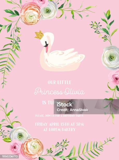 아기 생일 초대 카드 벡터에서 일러스트 레이 션의 아름 다운 백조와 꽃 도착 알림 인사말 여자 아기에 대한 스톡 벡터 아트 및 기타 이미지 Istock