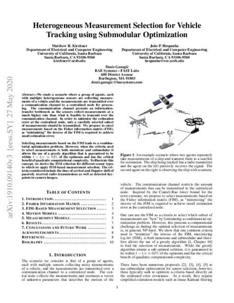 Pdf Heterogeneous Measurement Selection For Vehicle Tracking Using Submodular Optimization