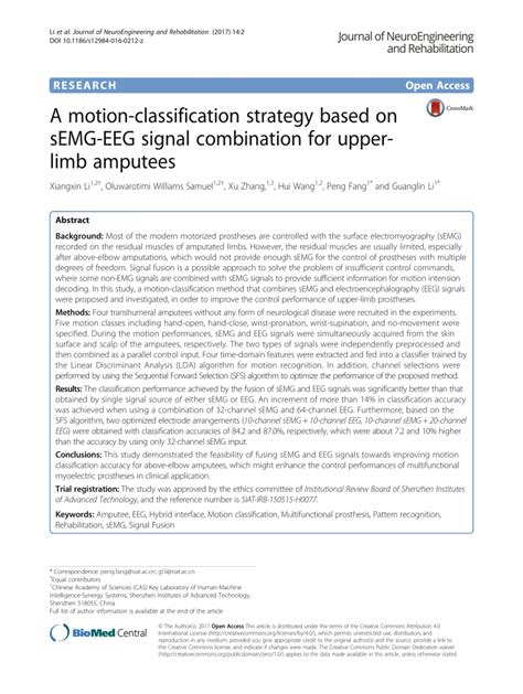 Pdf A Motion Classification Strategy Based On Semg Eeg Signal Combination For Upper Limb Amputees