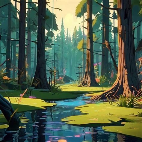 Modern Flat Nature Jungle Illustration With Pond Premium Ai Generated Image