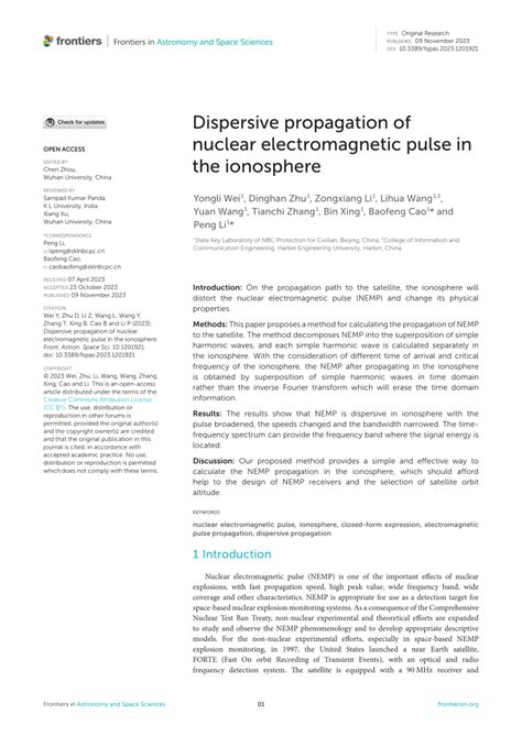 Pdf Dispersive Propagation Of Nuclear Electromagnetic Pulse In The Ionosphere