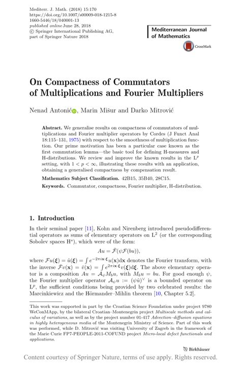 On Compactness Of Commutators Of Multiplications And Fourier Multipliers Request Pdf