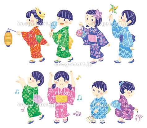 夏祭り 浴衣で縁日を楽しんだり花火や盆踊りをする子供たちのイラストセット [191773903] イメージマート