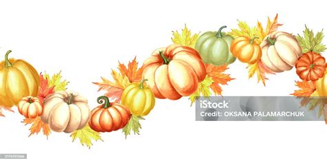 호박과 단풍잎 가을 물결 모양의 완벽 한 테두리 추수 감사절이나 할로윈에 대한 가을 반복 패턴 손으로 그린 수채화 그림 절연 템플릿 포장 종이 문구류 엽서 0명에 대한 스톡