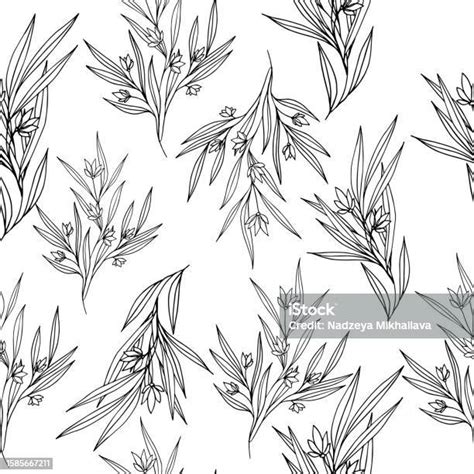 나뭇잎과 꽃이 있는 벡터 이음매 없는 패턴 검은 잉크는 나뭇잎 나뭇 가지와 작은 꽃을 그렸습니다 검은 가지 현대 장식 단풍과 질감입니다 추상 식물 모티프 검은색에 대한 스톡