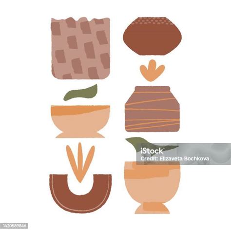 고립 된 배경에 추상적 인 질감의 세라믹 화병과 나뭇잎이있는 벡터 일러스트 레이 션 0명에 대한 스톡 벡터 아트 및 기타 이미지