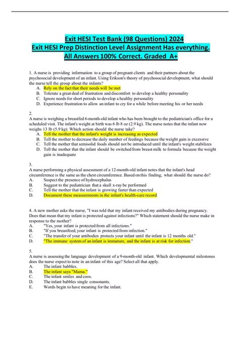 Exit HESI Test Bank 98 Questions 2024 Exit HESI Prep Distinction Level Assignment Has