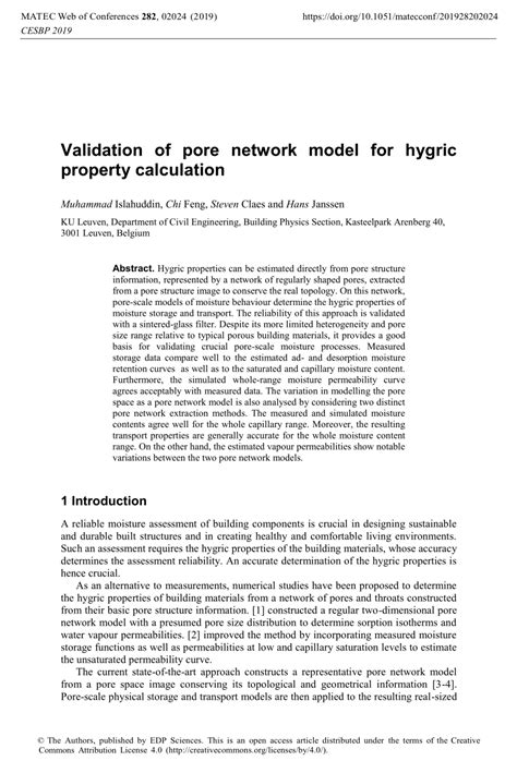pdf validation of pore network model for hygric property calculation