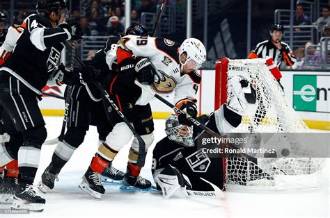 Cam Talbot Of The Los Angeles Kings Makes A Save Against Max Jones Of