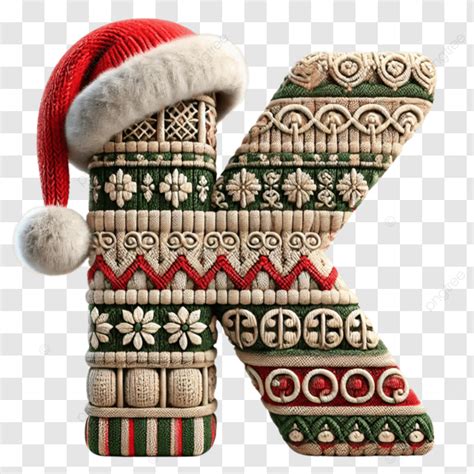 복잡한 니트 패턴과 산타 모자가 있는 크리스마스 문자 K 니트 편지 공예 휴일 편지 예술 크리스마스 알파벳 영감 Png 일러스트 및 이미지 에 대한 무료 다운로드