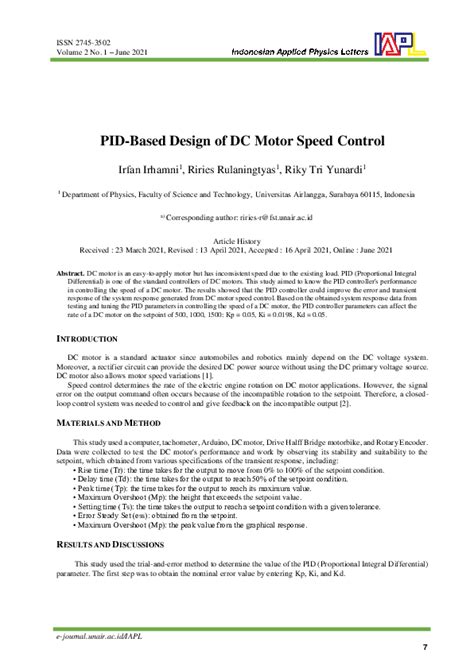 Pdf Pid Based Design Of Dc Motor Speed Control