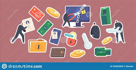 Set Of Stickers Hackers And Cyber Criminals Phishing Anonymous Characters Stealing Private