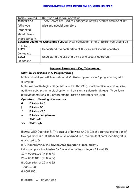 Bit Wise And Special Operators Topics Covered Bit Wise And Special