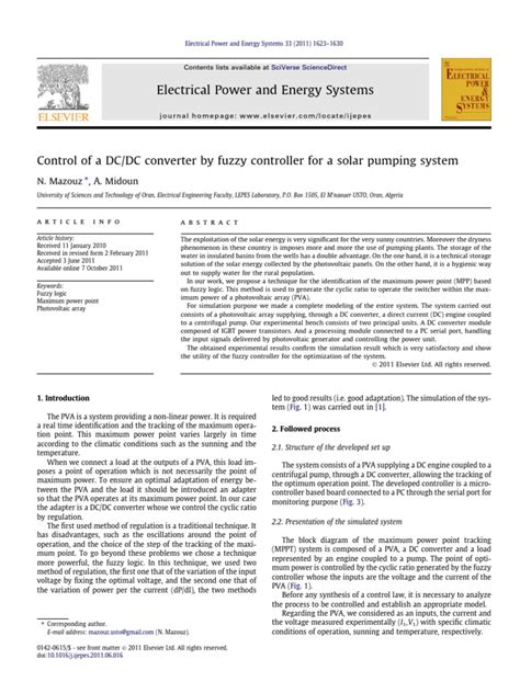 2011 Control Of A Dcdc Converter By Fuzzy Controller For A Solar Pumping System Paper N