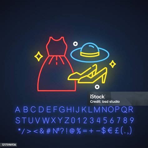 여성 패션 네온 라이트 아이콘입니다 여성 의류 신발 의류 세부 사항 전자 상거래 부서 온라인 쇼핑 카테고리 알파벳 숫자 및 기호와 빛나는 기호 벡터 절연 그림 0명에 대한
