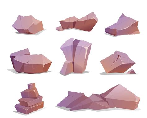 큰 돌 거친 바위 또는 단단한 암석 덩어리의 만화 세트 무료 벡터