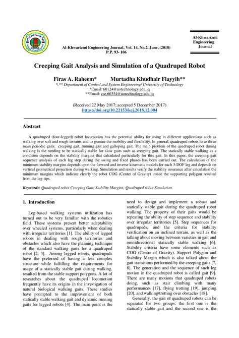Pdf Creeping Gait Analysis And Simulation Of A Quadruped Robot