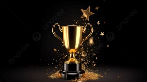 별이 있는 검정색 배경에 있는 황금 트로피 컵의 이미지 3d 왼쪽 기울어진 보기 렌더링 그림 별과 수상에 좋은 레이블이 있는 금 트로피 고화질 사진 사진 상 배경