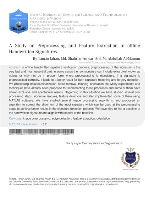 PDF A Study On Preprocessing And Feature Extraction In Offline Handwritten Signatures