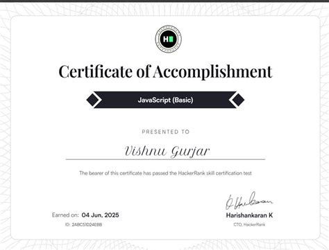 🚀 Just Earned My Hackerrank Basic Javascript Certificate Vishnu Gurjar