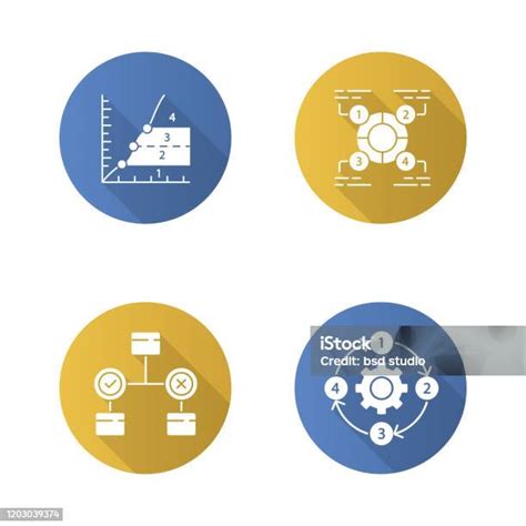 다이어그램 개념 평면 디자인 긴 그림자 문말 아이콘 세트 결정 설명 단계 프로세스 차트 통계 데이터 및 프로세스 흐름 시각화 벡터 실루엣 일러스트레이션 0명에 대한 스톡