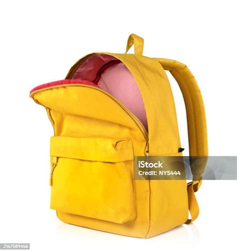 노란색 백팩이 흰색에 분리되어 열렸습니다 학교 가방 광고 디자인 배낭 배낭 여행 가방 배낭에 대한 스톡 사진 및 기타 이미지 Istock
