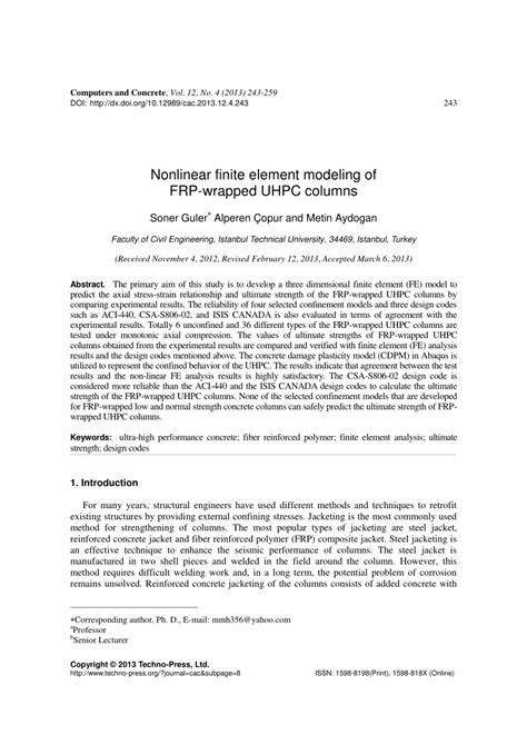 Pdf Nonlinear Finite Element Modeling Of Frp Wrapped Uhpc Columns