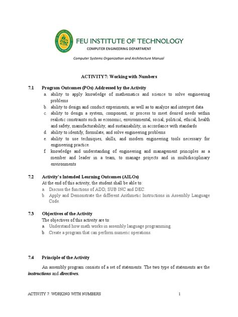 Activity7 Working With Numbers 71 Program Outcomes Pos Addressed By The Activity Pdf