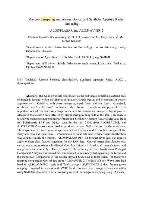 pdf mangrove mapping analysis on optical and synthetic aperture radar data using alos plasar