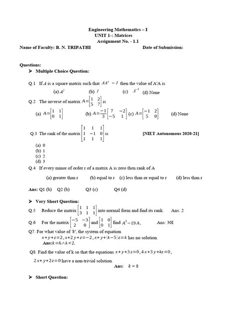 Unit 1 Pdf Matrix Mathematics Eigenvalues And Eigenvectors