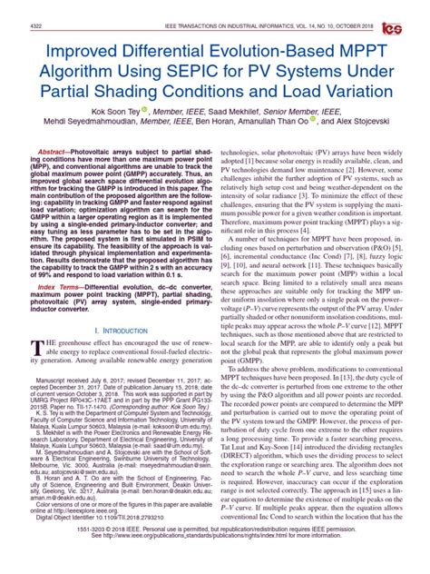 improved differential evolution based mppt algorithm using sepic for pv