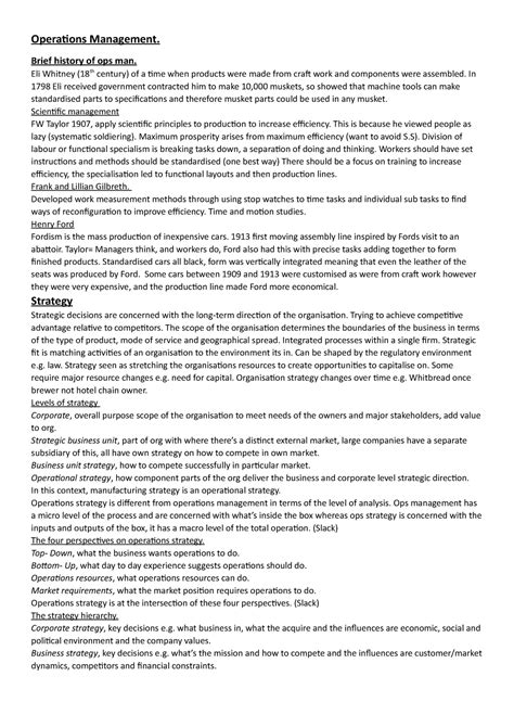 Operations Management Semester 1 Lecture Notes Operations Management Brief History Of Ops Man
